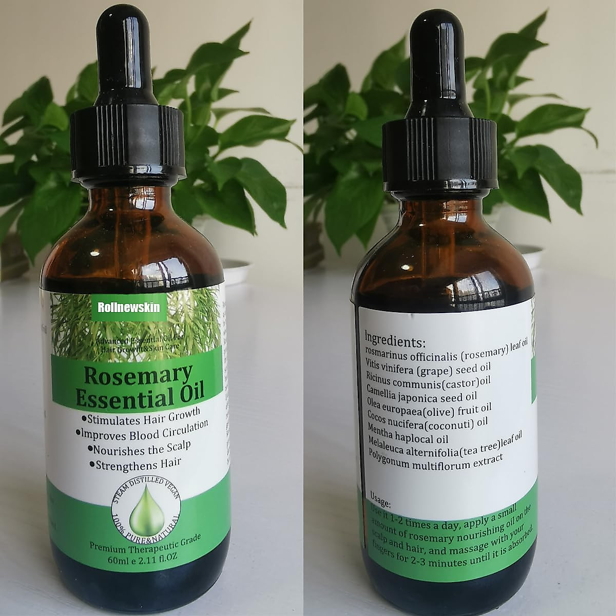 Rollnewskin Rosemary Oil for Hair Growth - Rosemary Essential Oil for Hair Growth, nourishes Beards, moisturizes Eyelashes and Cares for Skin (60ml)