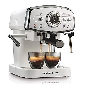 Hamilton Beach Slide & Lock Espresso Machine With Milk Frother Steam Wand For Cappuccino & Latte, 15 Bar Pump and Two Spouts, Removable Reservoir, Compact, Retro Design, White (40731)