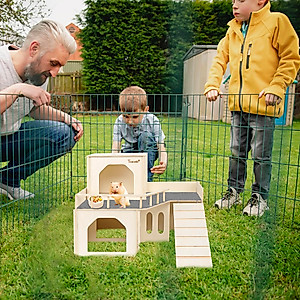Wooden Guinea Pig Hideout House with Ramp, Large Guinea Pig Castle, Multi-Chamber Small Animal Habitat Decor, Cage Accessories for Hamster Guinea Pig Chinchilla Dwarf Rabbit Hedgehog Squirrel