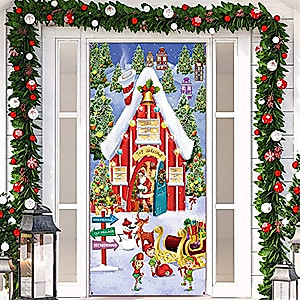 Christmas Door Decoration Fabric Santa Banner Snowy Winter House Backdrop North Pole Wall Scene Cover Christmas Photo Booth Wall Sign for Xmas Winter Holiday Wall Door Decoration (70.9 x 35.4 Inch)