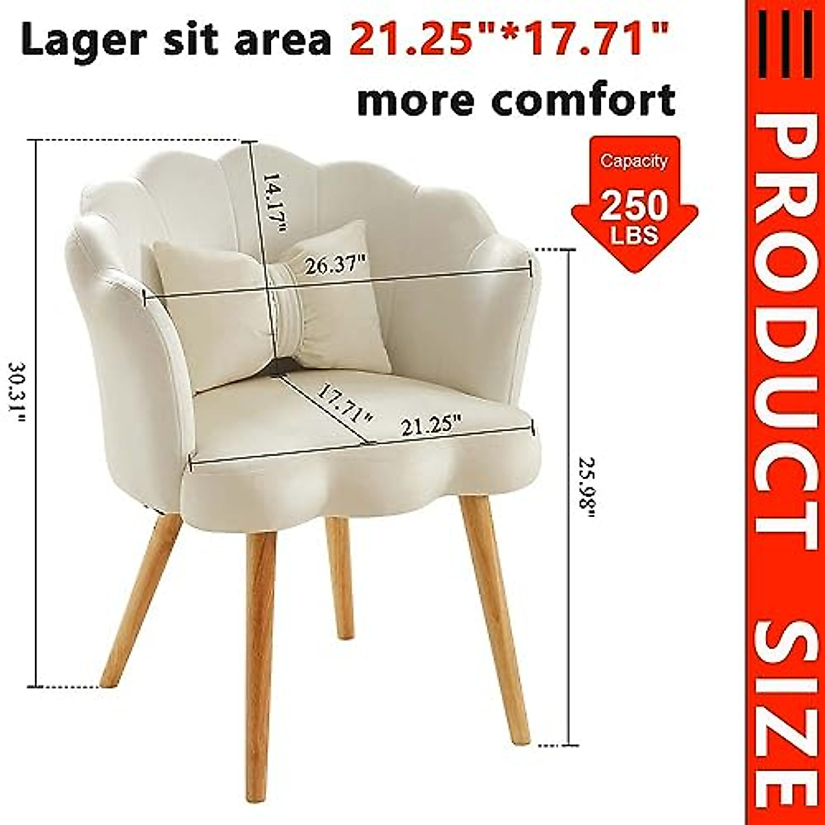Modern Velvet Accent Chair,Shell Shape Upholstered Armchair with Wood Legs,Comfy Reading Chair for Bedroom,Living Room,Makeup Room,Bowknot Pillow (Cream)