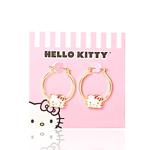 Sanrio Hello Kitty Womens Hoop Earrings - Gold Flash Plated and Enamel Hello Kitty Earrings Officially Licensed
