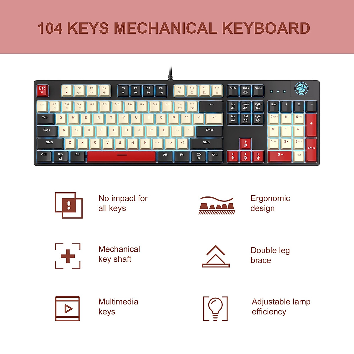 MageGee Mechanical Gaming Keyboard MK-Armor LED Blue Backlit and Wired USB 104 Keys Keyboard with Red Switches, for Windows PC Laptop Game(Black&White)…