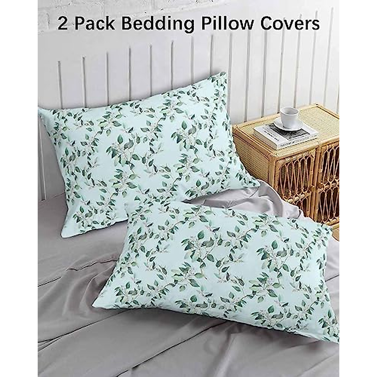 Edwiinsa Summer Tropical Leaves Pillow Covers Standard Size Set of 2 20x26 Bed Pillow, Blue Spring Floral Farmhouse Plush Soft Comfort for Hair/Skin Cooling Pillowcases with Envelop Closure