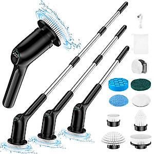 Yonlog Electric Spin Scrubber, FRIWOLE Upgraded Cordless Cleaning Brush with LED Display, 3 Speeds, 8 Replaceable Brush Heads, Adjustable & Detachable Handle, 450 RPM, for Bathtub, Tile, Floor, Black
