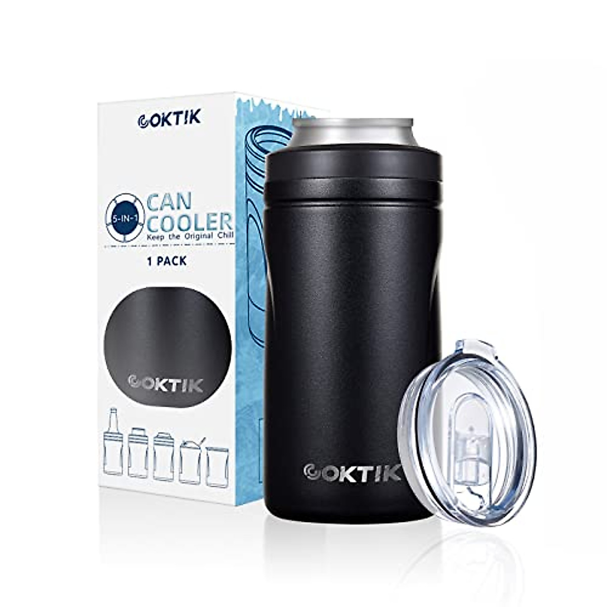 COKTIK 5 in 1 Insulated Can Cooler, Doublae Wall Slim Can Cooler for 12 oz Regular or Slim Cans & Beer Bottle (BLACK)