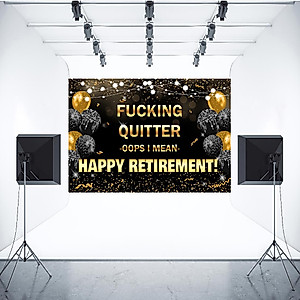 Aperturee 5x3ft Happy Retirement Backdrop Black and Gold Glitter Balloons Fucking Quitter OOPS I Means Photography Background Women Man Retirement Party Thank You Decor Photo Banner Booth Props…