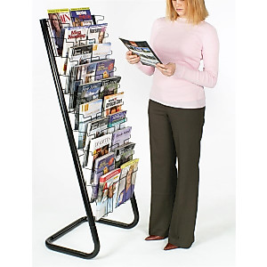Displays2go 57" Floor-Standing Wire Magazine Rack, 20 Pockets, Tiered Design - Black