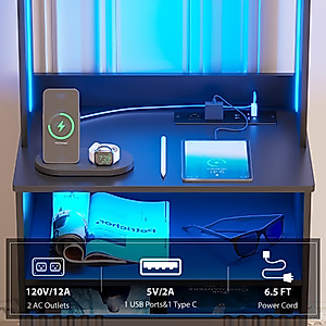 Vlsrka Tall Nightstand with Charging Station, 54" Smart Nightstand with LED Lights, Modern Night Stand with Bookshelf, Bedside Tables with Storage Cabinet for Bedroom, Black