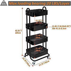 4-Tier Metal Mesh Utility Rolling Cart Storage Organizer Shelf Rack with Lockable Wheels for Living Room Kitchen Office, Black