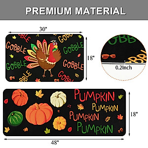 ASPMIZ Thanksgiving Fall Kitchen Mats Set of 2, Fall Pumpkin Kitchen Mats for Floor, Washable Turkey Kitchen Runner Rug with Non Slip Rubber Backing, Fall Rugs Indoor Decor, 18'' x 30'' + 18'' x 48''