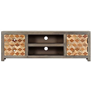 vidaXL Solid Mango Wood TV Stand/Media Cabinet with Two Drawers and One Door, Mid-Century Design, Gray and Brown, 47.2"x11.8"x15.7"