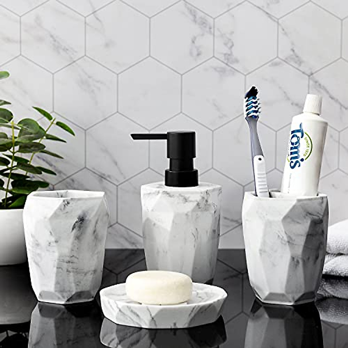MyGift 4 Piece Modern Bathroom Accessory Set with Marbled Pattern and Geometric Design Includes Lotion Dispenser, Toothbrush Holder, Tumbler, Soap Dish