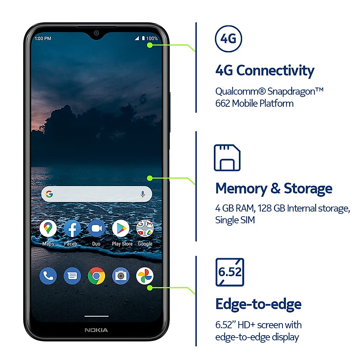Nokia G100 | Verizon, T-Mobile, AT&T | Android 12 | Unlocked Smartphone | 3-Day Battery | US Version | 4/128GB | 6.52-Inch Screen | 13MP Triple Camera | Polar Night