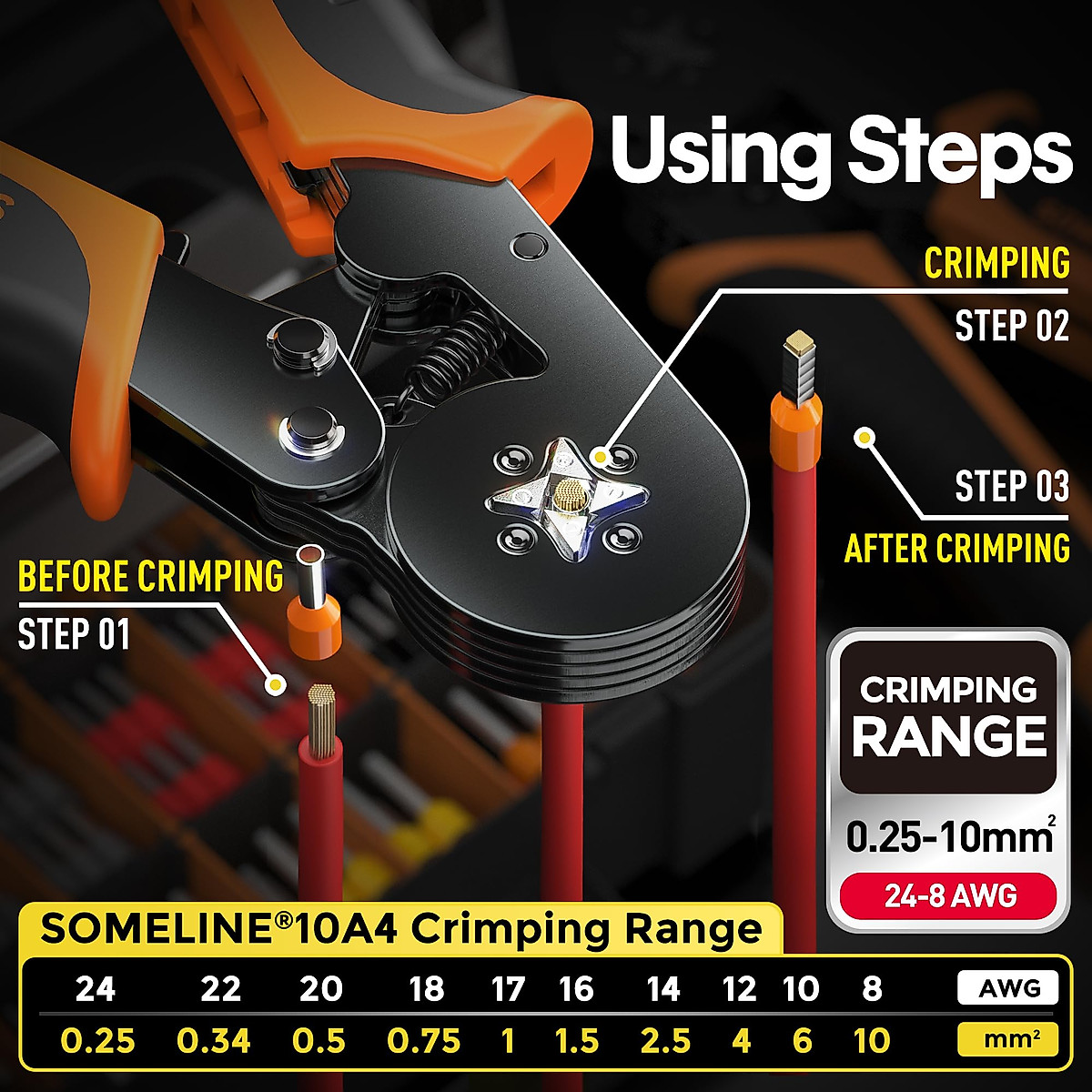 SOMELINE Ferrule Crimping Tool, Ratchet Pliers for AWG23-7 with 23 Sizes Wire End Ferrule Terminals, Quadrilateral Wire Crimp Pliers with Crimp Connectors