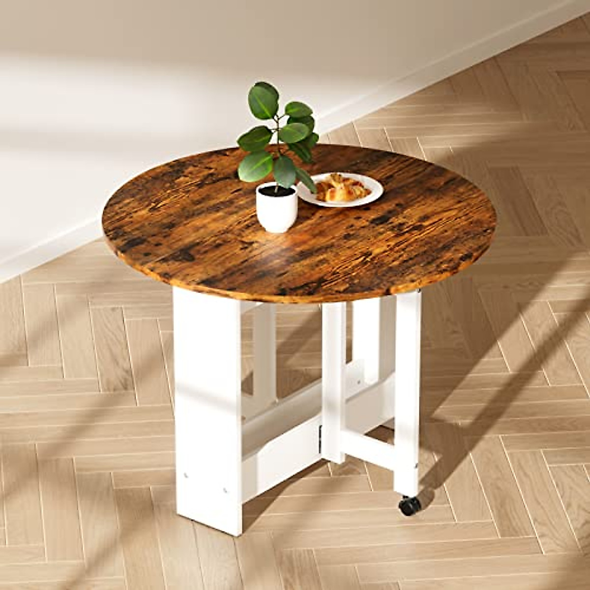 Kasshom Folding Dining Table Upgrade Version, Convertible Drop Leaf Table for Kitchen/Farmhouse/Living Room, Space Saving Dining Room Table with 2 Layer Storage Racks, Rustic Brown