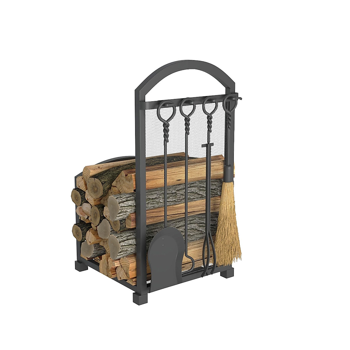 Lizh Metalwork Fireplace Log holder with Fireplace Tools, Wrought Iron Indoor Stove Accessories Firewood Rack Holder Lumber Storage Stacking Log Holder Log Bin with Tongs Shovel Poker and Brush