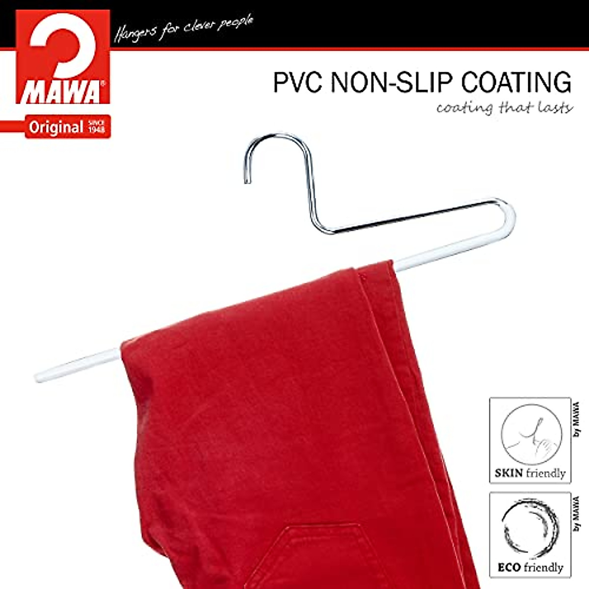 Mawa by Reston Lloyd Trouser Series Non-Slip Space-Saving Clothes Hanger with Single Rod for Pants, Style KH/1, Set of 10, White