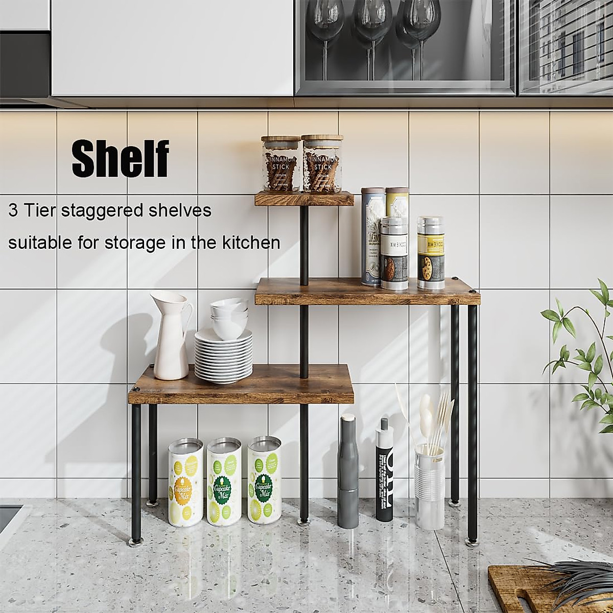 Dazioter Corner Shelf Countertop Organizer 3 Tier Kitchen Corner Shelves Adjustable Spice Storage Rack for Bathroom Coffee Area Over Sink (Black)