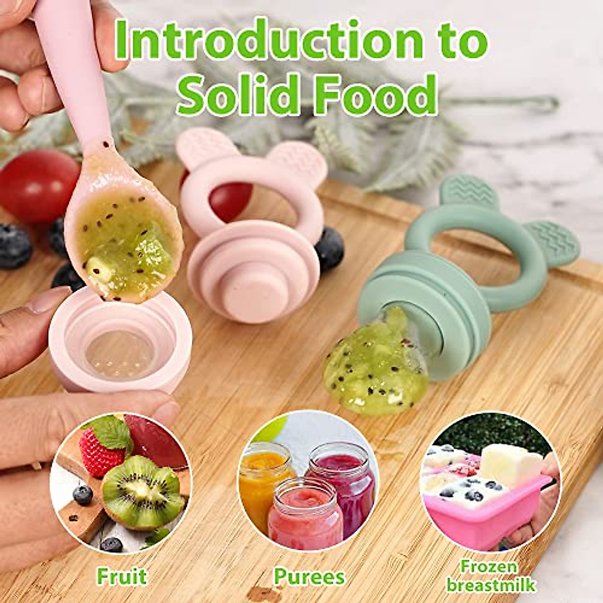 Baby Fresh Fruit Food Feeder Pacifier - 2 Packs BPA Free [3 Sizes Silicone Food Pouches Included] (Light Pink & Grass Green)