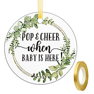 Baby Shower Mini Champagne Bottle Favor Tags, Pop and Cheer When Baby is Here Tags, Greenery Champagne Baby Shower Favor Tags, 2 Inches, 50 Count with Golden Ribbon