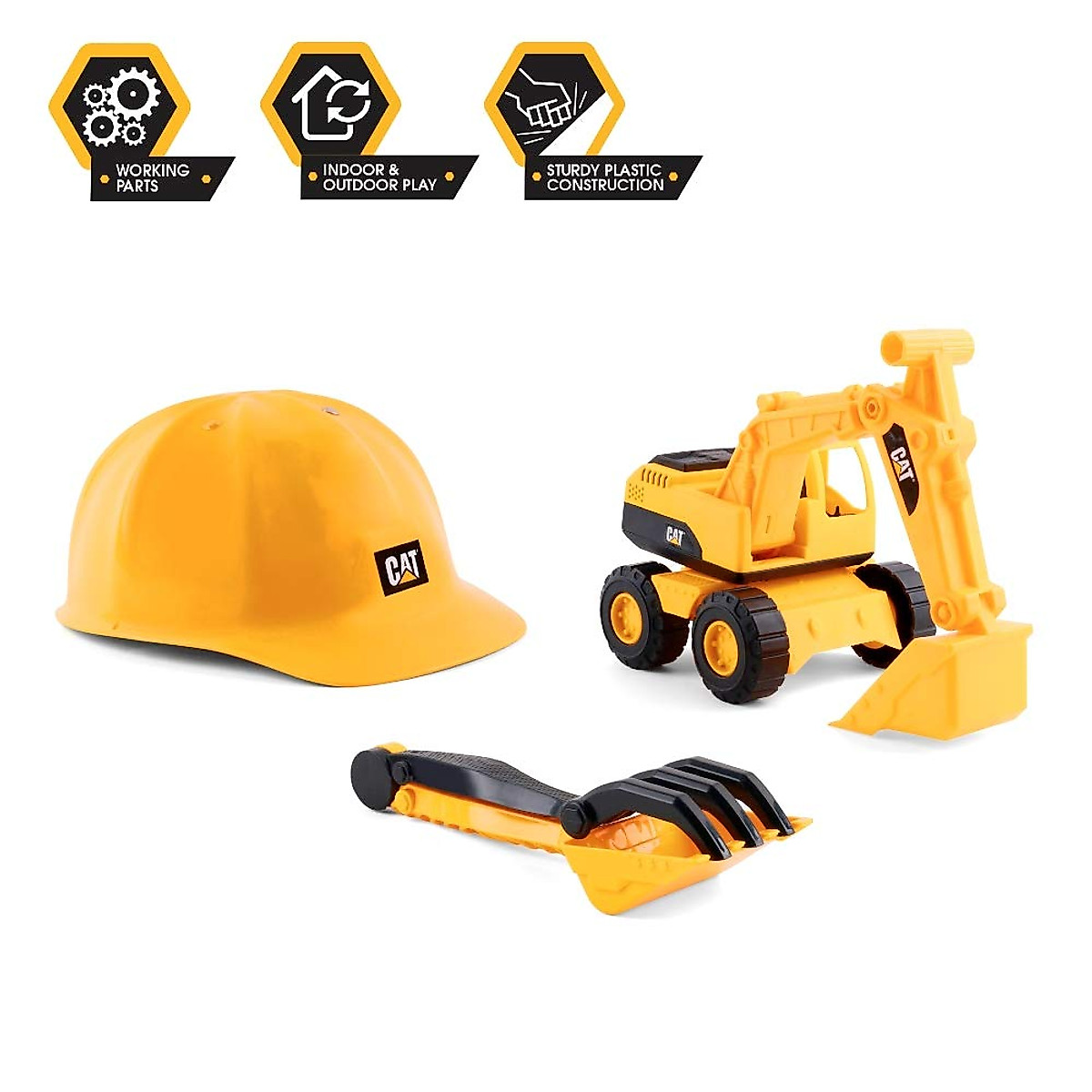 CAT Construction Toys, Excavator Sand Set Outdoor Toys - 10” CAT Toy Dumps Truck & Loader, Hard Hat, Shovel, Rake - Pretend Play, Ages 2+