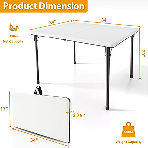 Kasunpul 34" Folding Table, Portable Square Folding Card Table with Collapsible Legs & Carrying Handle, Plastic Tables for Camping,Picnic, Office, Party, White