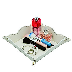 LISRSC Leather Valet Tray for Women,Trinket Jewelry Cosmetic Organizer Catchall Tray for Desk Dresser Nightstand (Off-White)