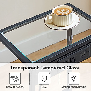 HOOBRO Side Table with Charging Station, Set of 2 End Tables with USB Ports, Nightstand for Tight Spaces, Tempered Glass, Modern Metal Frame, for Office, Bedroom, Living Room, Black BK76UBZP201