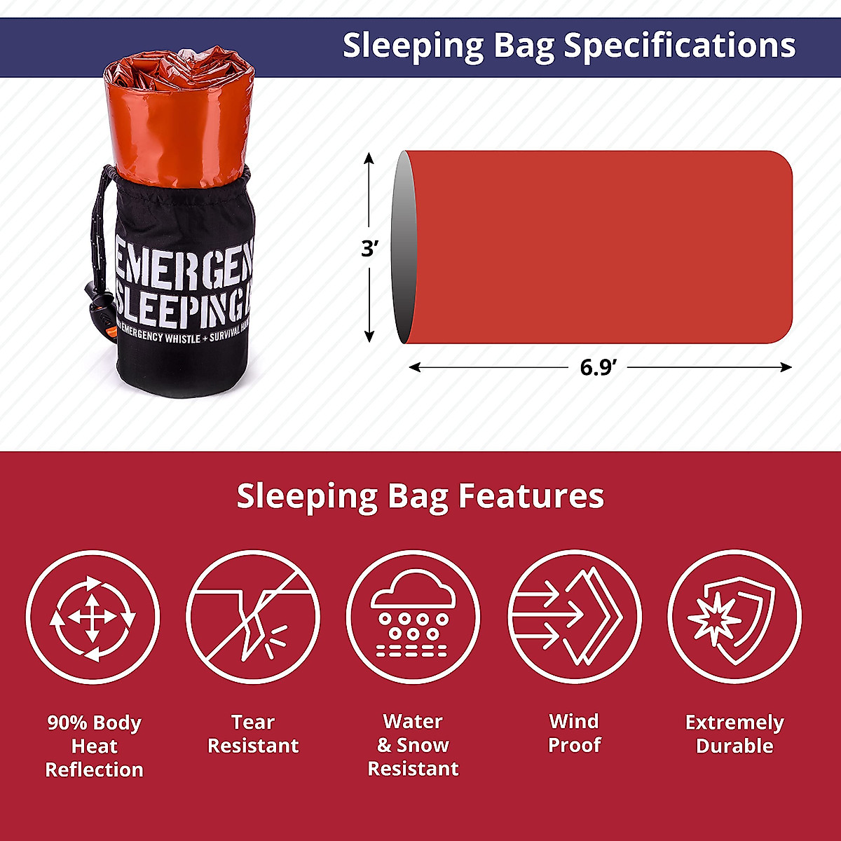 Emergency Portable Sleeping Bag Reflective Bivy Sack Mylar Thermal Survival Kit Emergency Preparedness for Camping Extreme Cold - Includes Whistle Compass and Survival Hook Emergency Go Bug Out Bag
