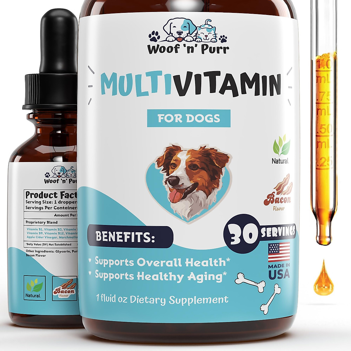 Dog Multivitamin - Multivitamin for Dogs - Helps to Support a Healthier Life - Dog Vitamins and Supplements - Dog Vitamins Multivitamin - Dog Supplements & Vitamins - 1 fl oz - Bacon Flavor