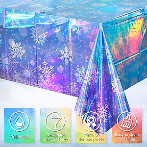3 Pack Iridescent Winter Snowflake Plastic Tablecloth Decorations, Holographic Blue and Purple Snowflake Winter Wonderland Disposable Table Cover for Winter Holiday Birthday Decorations, 54x108 Inch