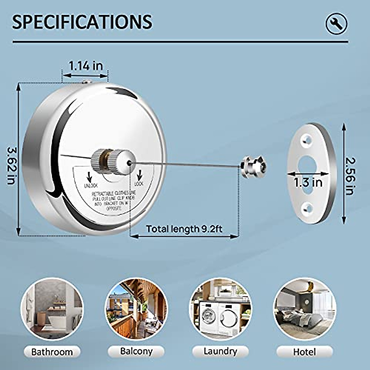 Retractable Clothesline, 304 Stainless Steel Clothes Line Dryer with Heavy Duty Adjustable Stainless Steel Rope String for Hanging Drying Bathroom, Laundry, Hotel, Indoor & Outdoor, 9.2 Feets