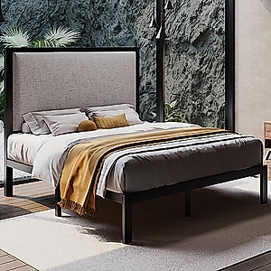 Allewie Full Size Bed Frame with 47'' Tall Upholstered Headboard, High Metal Bed Frame with 12'' Under-Bed Storage Space/Wood Slats Support/Easy Assembly/No Box Spring Need/Noise-Free/Grey