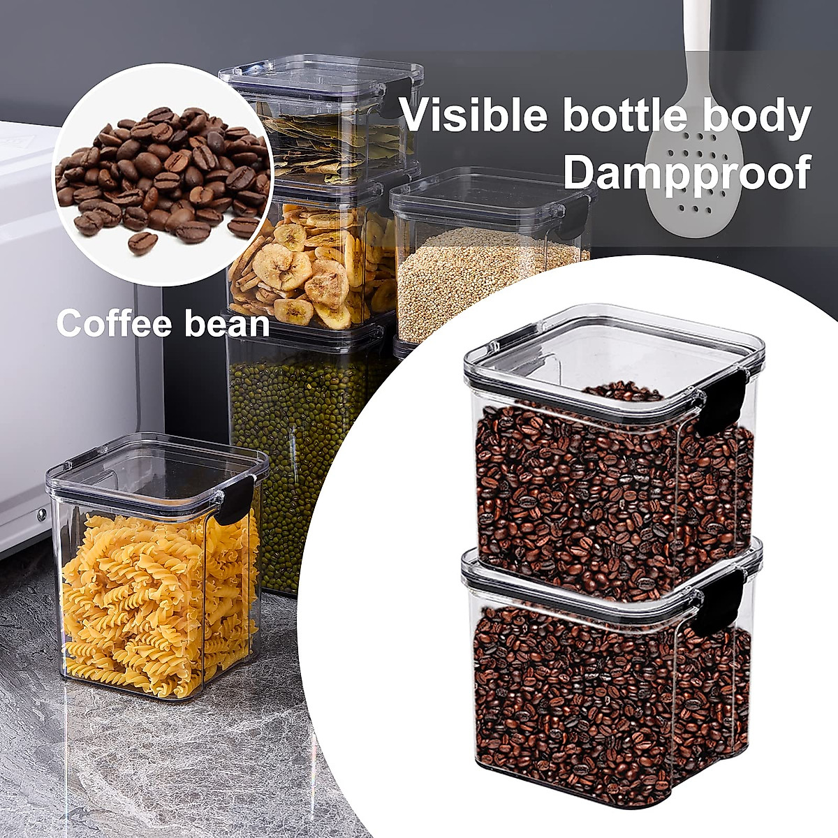 Plastic tea bag Organizer Box Caddie Storage Box Kitchen Pantry Wall storage box with 2 drawers, countertops, hold coffee, tea, sugar packets, cream, beverage bean, (1Pcs+2Pcs 720ML seal pot)