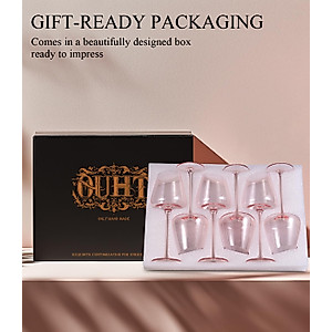 OUHT Blush Pink Wine Glasses (Set of 6) | 18oz Handcrafted - Long stemmed Crystal Wine Glasses For Red Wine | slanted rim design | Elegant Gift Box (Blush Pink)