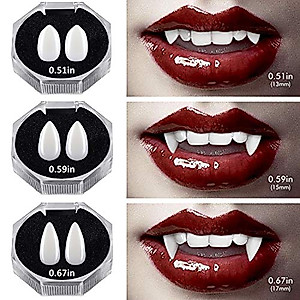 Jeicy Vampire Fangs Teeth, Vampire Blood and Vampire Teeth Glue Set for Halloween Cosplay Party Favors 3 Pairs (13mm,15mm,17mm)