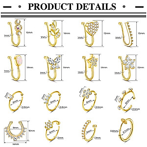 DOLOTTA 16Pcs Nose Cuff Fake Nose Ring Hoop Clip on Nose Ring Cubic Zirconia Fake Septum Nose Ring Cartilage Tragus Ring Nose Cuff Non Piercing for Women Men Gold