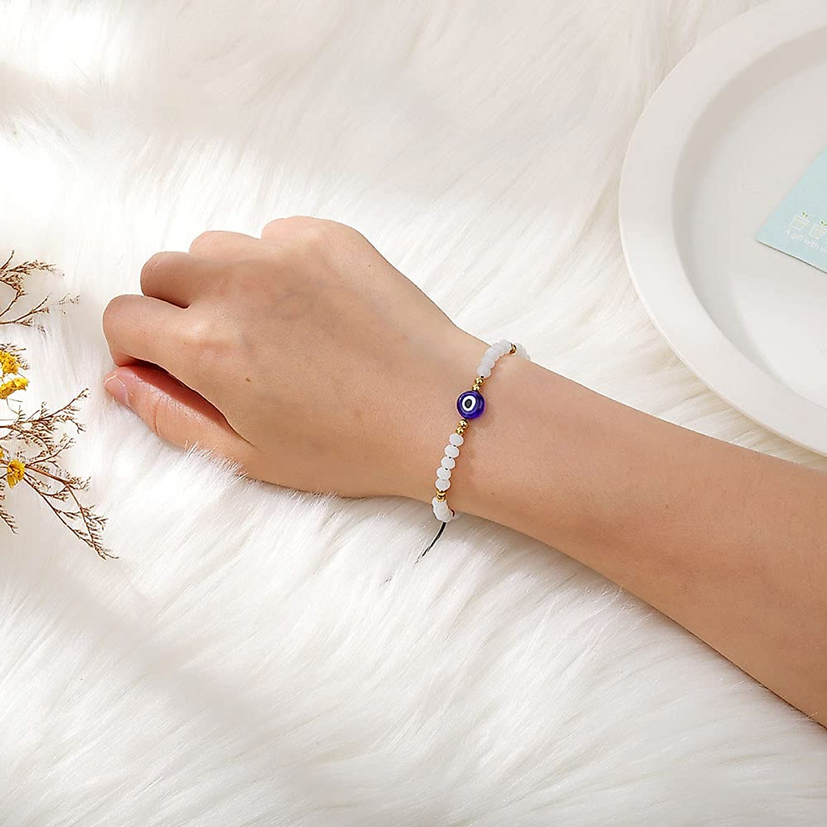 SUMMER LOVE Dainty Hand Made Evil Eye Bracelets Adjustable String Amulet for Women Men (White+gold)