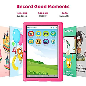 HiGrace Kids Tablet 10 inch - Android 12 Quad core Tablet for Kids (Ages 3-12), 5000mAh, 32GB ROM, Dual Camera, WiFi, Parental Control, Kid-Proof Case-Pink