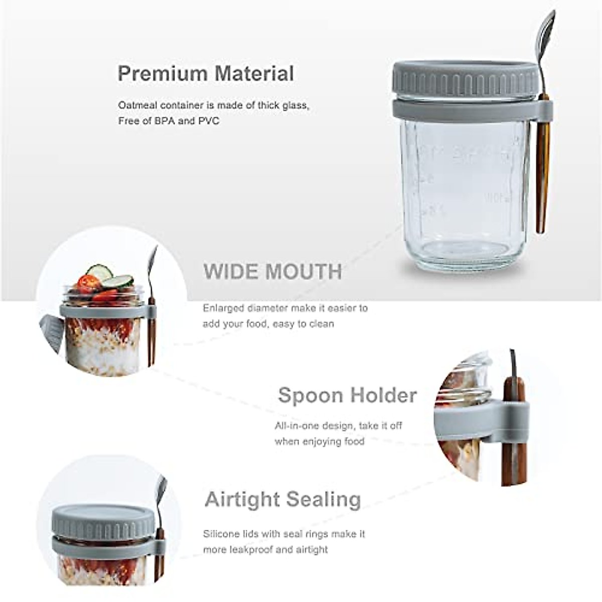 SMARCH Overnight Oats Jars with Lid and Spoon，10 oz Large Capacity Airtight Oatmeal Container with Measurement Marks, Mason Jars with Lid for Cereal On The Go Container (white)