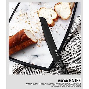 hecef 5 PCS Non-stick Coated Kitchen Knife Set with PP Handle and Protective Sheath, Exclusive Black Chef knife set, Scratch Resistance & Rust Proof (Wood Grain)