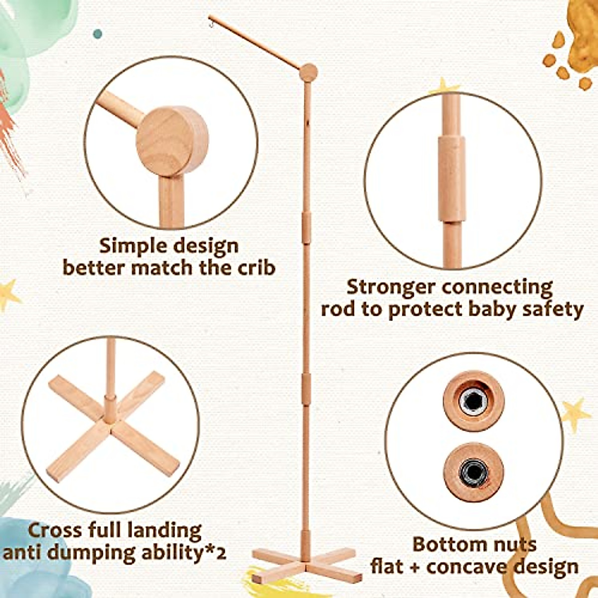 QIUJUUN Floor-Standing Crib Mobile Arm 61 Inches,Mobile Arm for Crib Wooden Nursery Decor Hanger,Hanging Attachment Set Upgrade Floor Stand