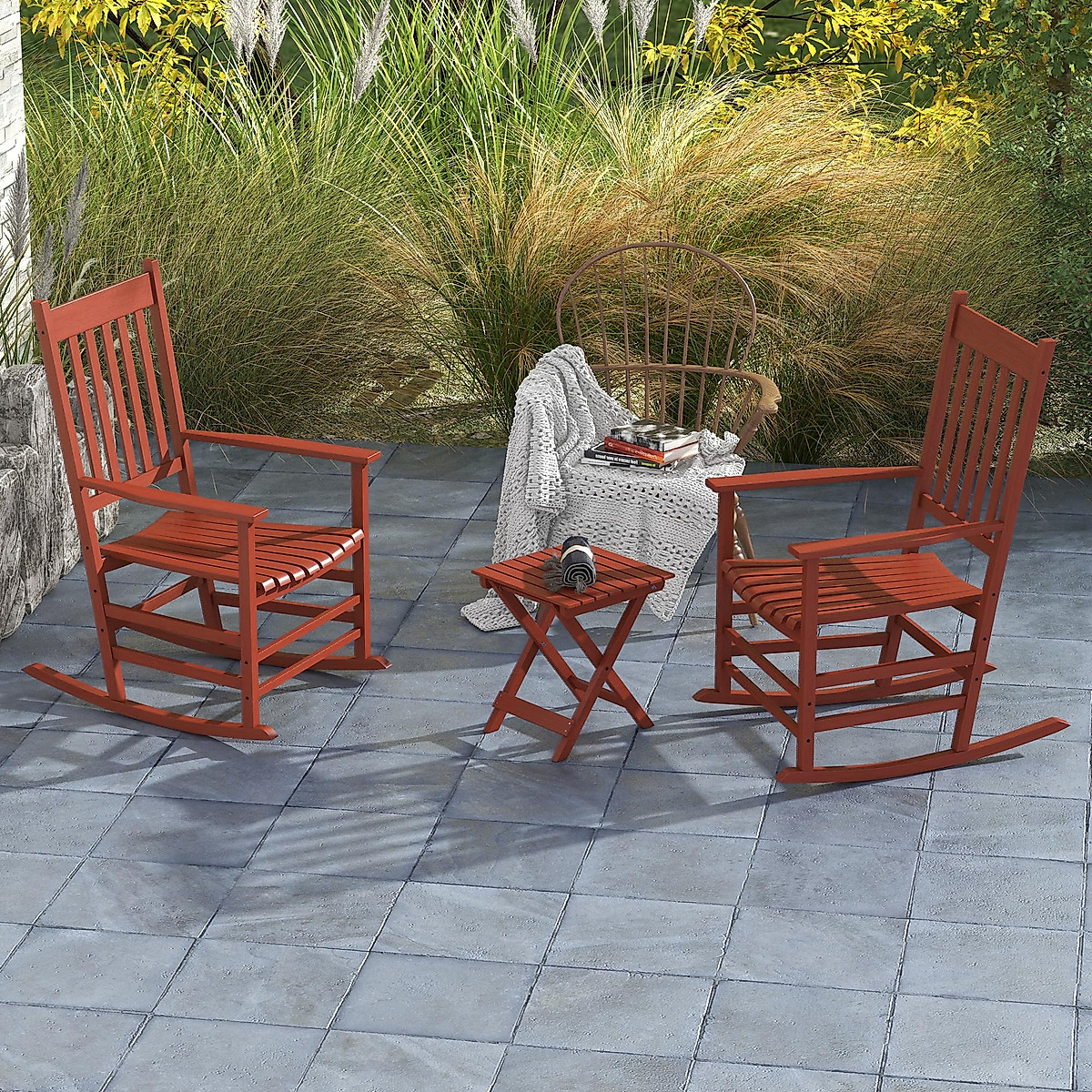 Outsunny Outdoor Rocking Chair Set of 2 with Side Table, Patio Wooden Rocking Chair with Smooth Armrests, High Back for Garden, Balcony, Porch, Supports Up to 352 lbs, Wine Red