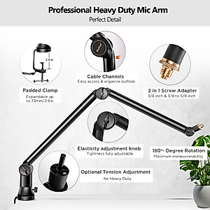 Bietrun Mic Arm Desk Mount(Longer)for Shure SM7B/MV7/Blue Yeti/Nano/Hyperx Quadcast, Adjustable 360° Rotatable Universal Heavy Duty Metal Mic Arm with 3/8" to 5/8" Adapter, Cable Trough, Headset Hook