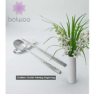 BALWOO [1 Set] [Made in Korea] Orchid Design Korean Style Sticky Rice Spoon Chopsticks Set Silverware Set 304 Stainless Steel Cutlery Set Soup Spoon Ramen Chopsticks Flatware (1 Set)