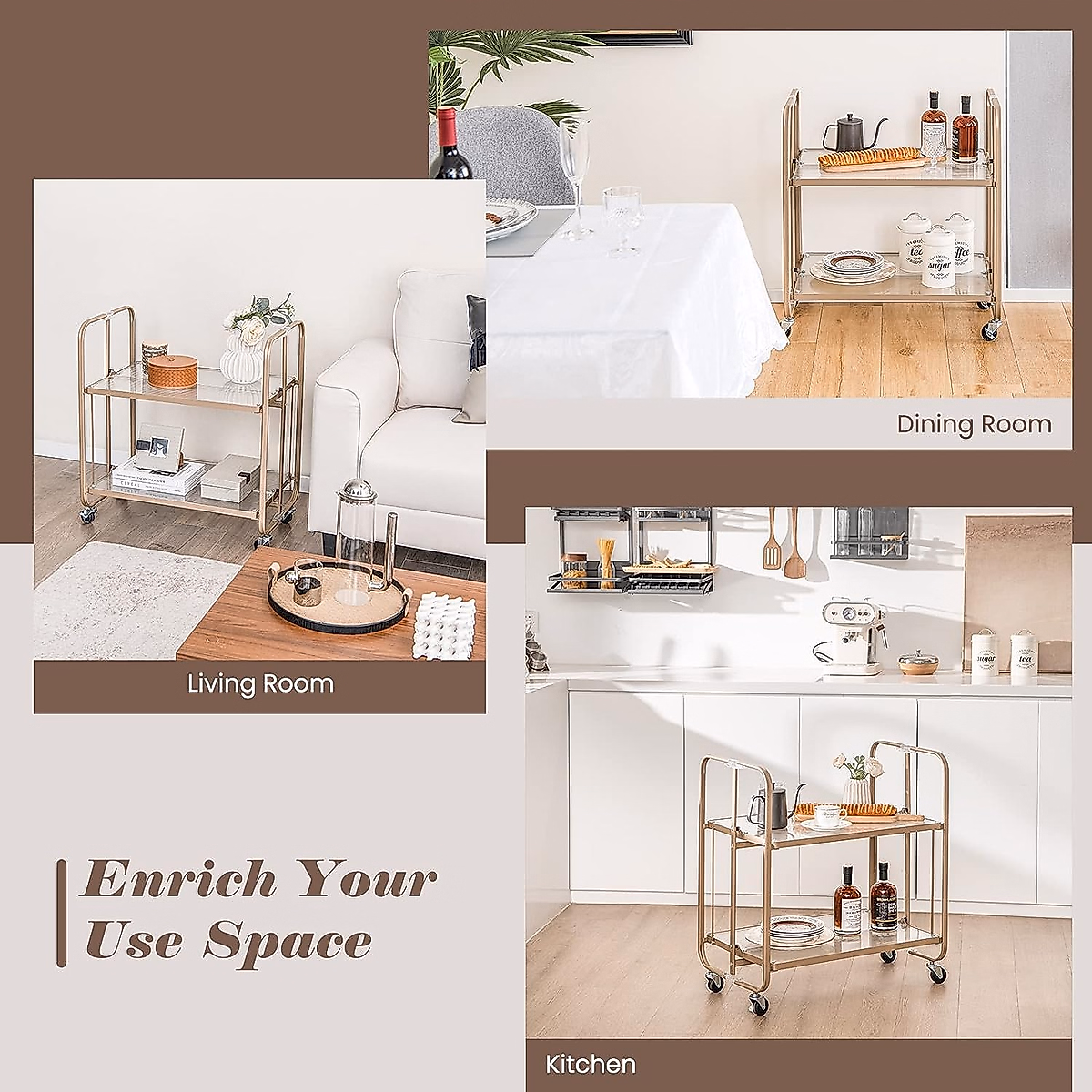 LOKO 2-Tier Foldable Bar Cart on Wheels, Mobile Home Bar & Serving Cart with Tempered Glass Shelf, Rolling Kitchen Island Cart with Powder-Coated Metal Frame, for Dining Room Living Room, Rose Gold