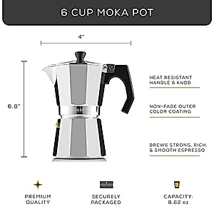 JoyJolt Italian Moka Pot 6 Cup Stovetop Espresso Maker. Aluminum Coffee Percolator Coffee Pot With Heat Resistant Handles! Portable Espresso Maker Camping Coffee Pot, Stove Top Cafetera