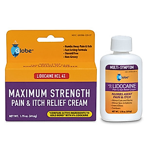 Globe Lidocaine 4% Multi-Symptom Relief Cream 1.75 oz, Numbs Away Pain & Itch, Steroid Free Non-Greasy Formula (Compare to Gold Bond w/Lidocaine)