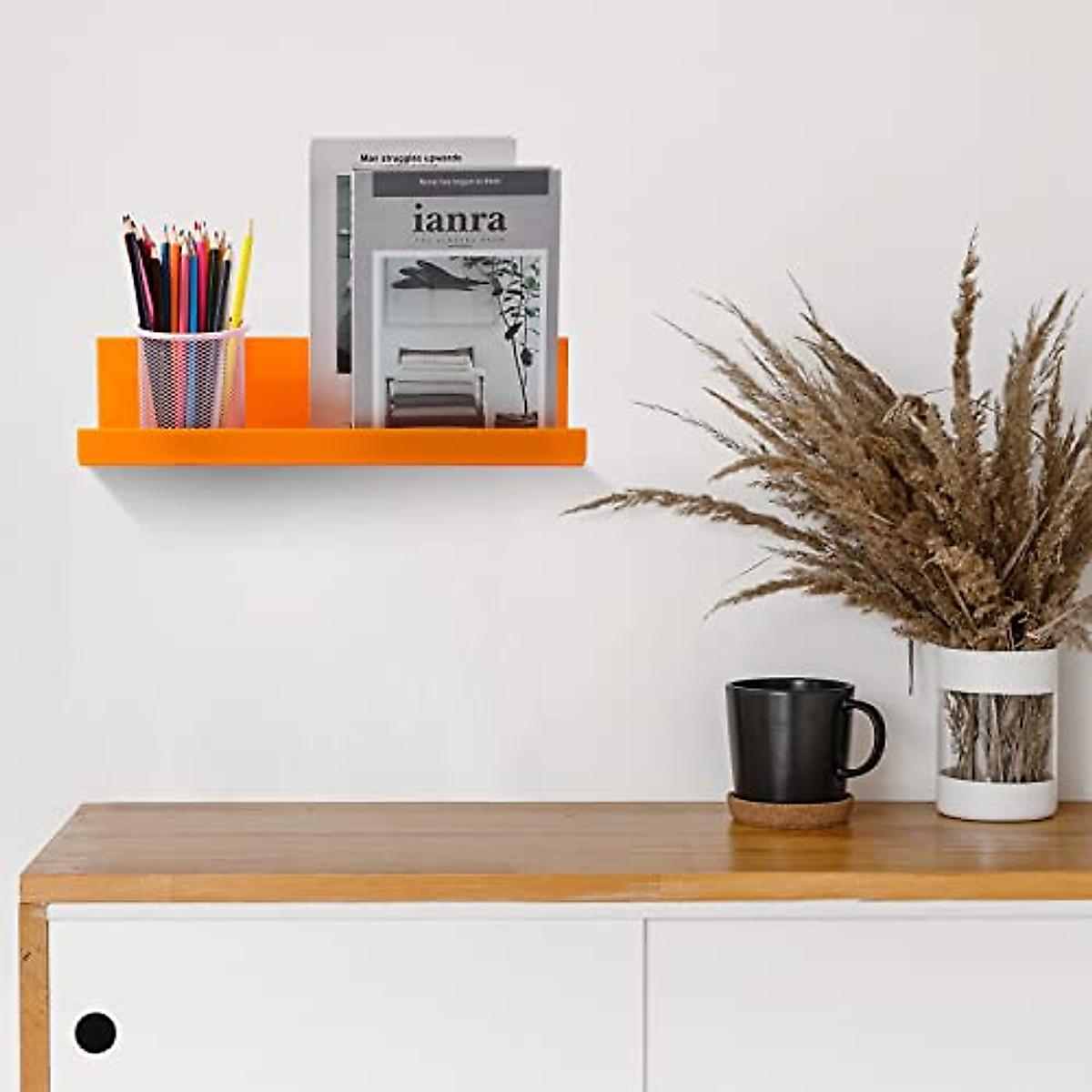 Namalu 4 Pcs Acrylic Floating Shelves 15" Wall Mounted Floating Bookshelf for Kids Room Orange Display Ledge Wall Shelves for Bathroom Bedroom Living Room Kitchen Organizer